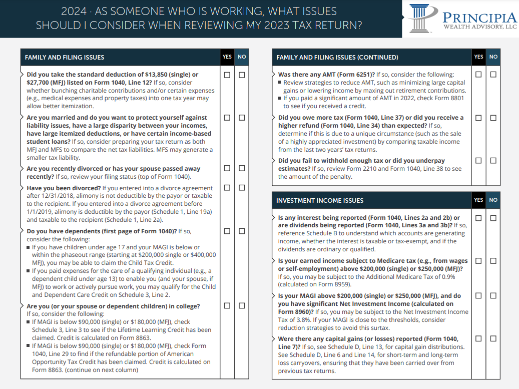 Tax Return Review Checklist for Your Working Years — Principia Wealth ...
